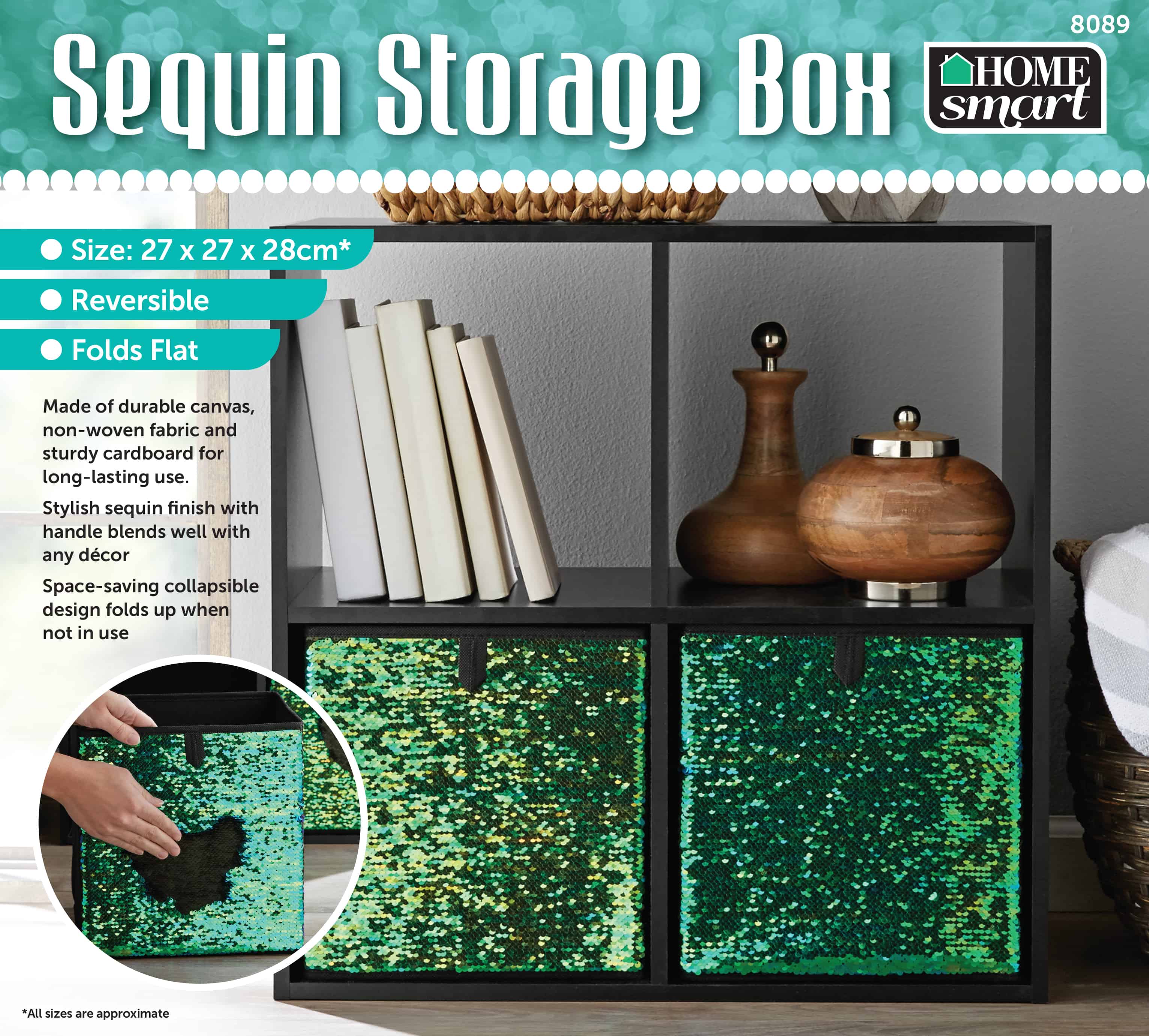 Wholesale Sequin Foldable Handy Storage Box Teal Cube